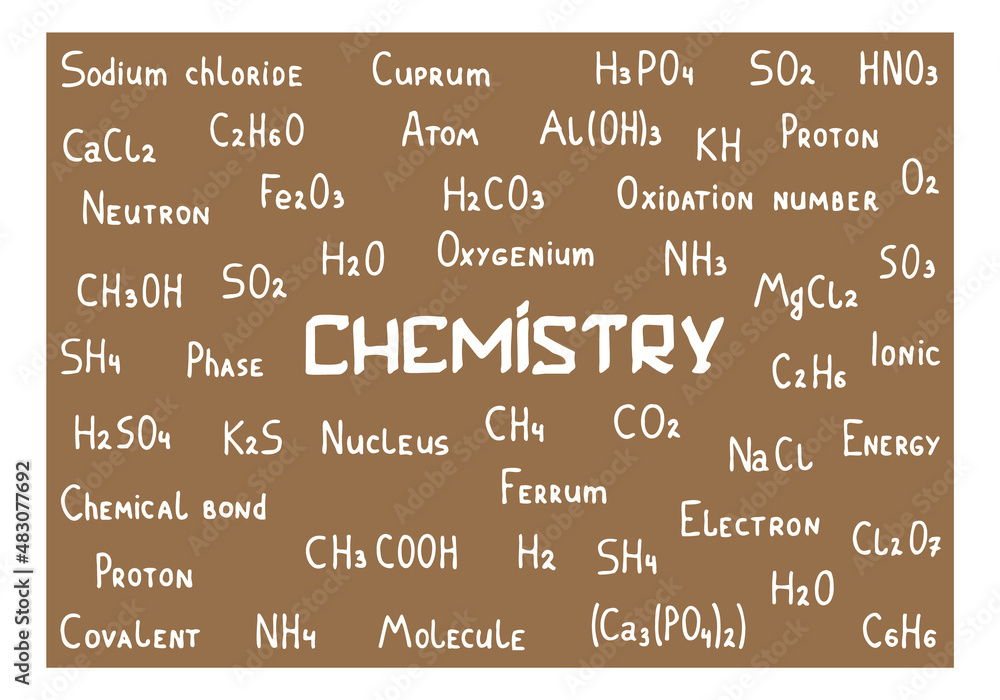 Chemical theme background with chemical formulas in doodle style. The ...