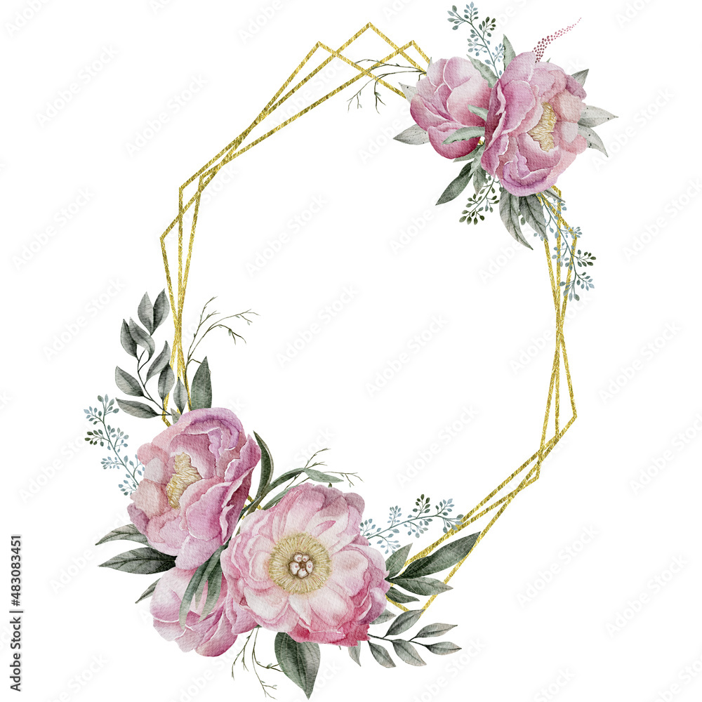 Pink roses and green leaves Gem Frame, Watercolor floral polygonal ...