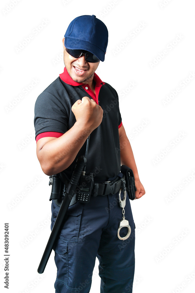 A security guard wearing black goggles wearing a hat, clenching his ...