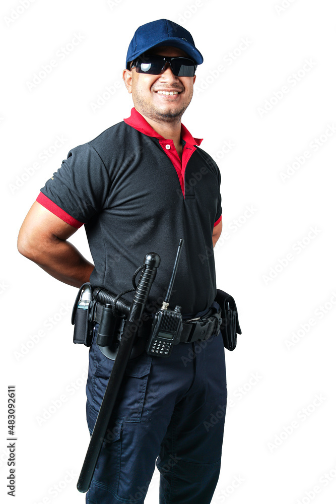 The security guard, wearing black glasses, wearing a cap, stands ready ...