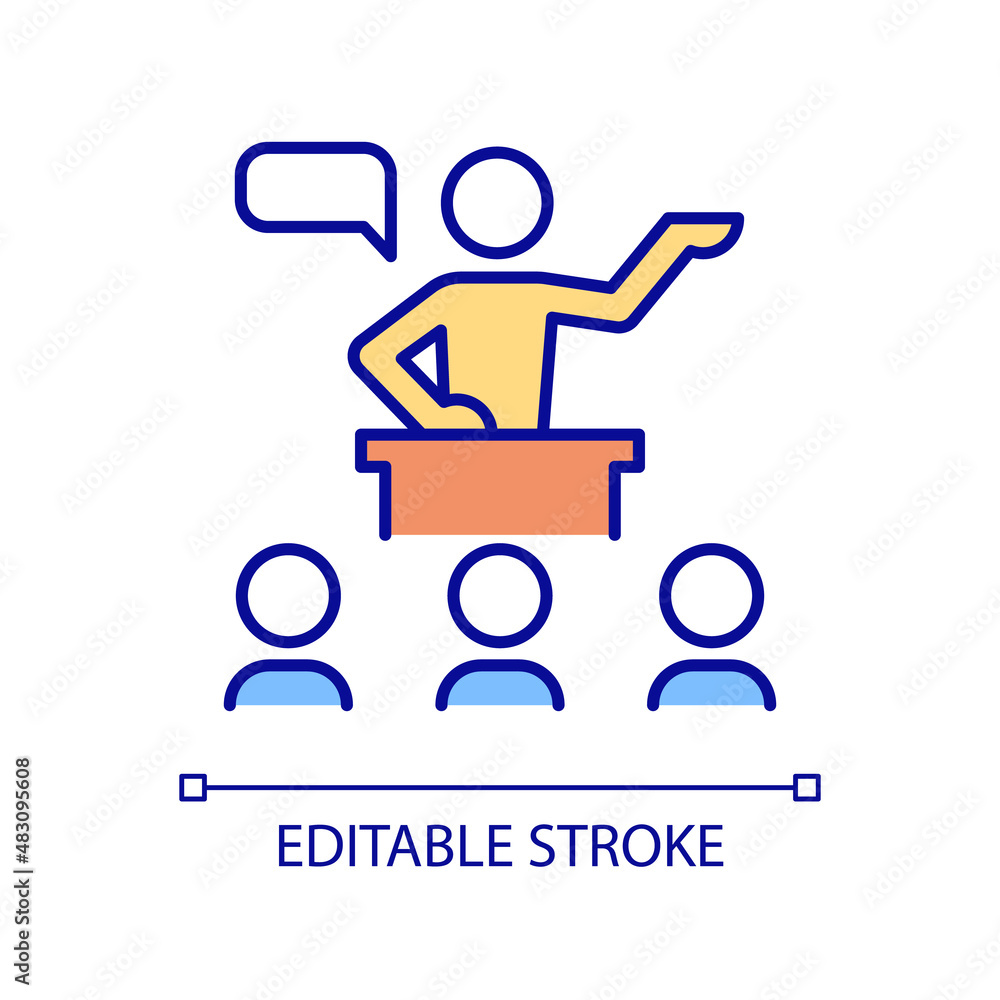 Public speaking skills RGB color icon. Staff meeting. Oration speech ...