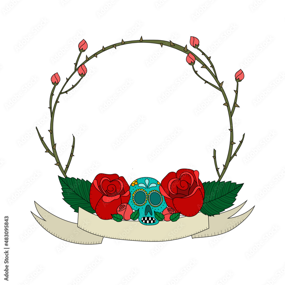 Cornice stile messicano boccioli rose teschio Chicano banner per ...