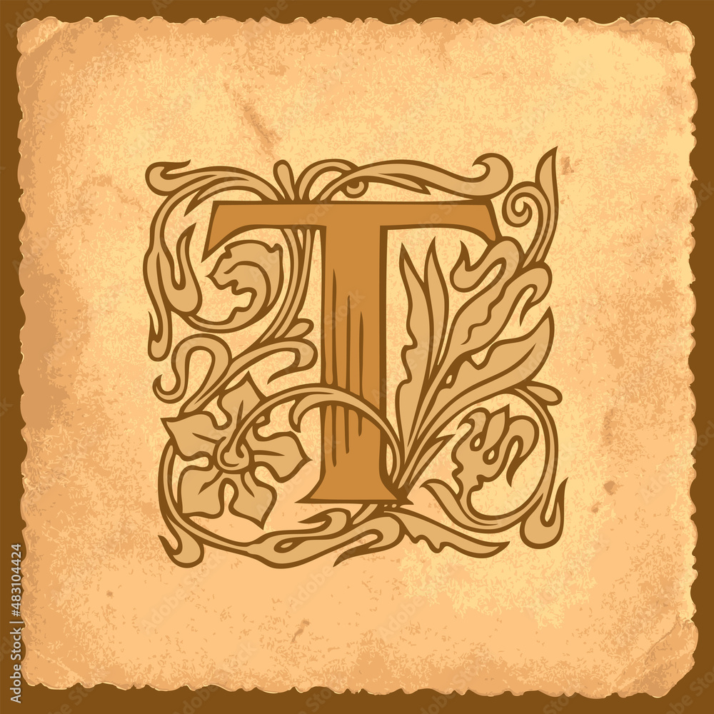 Ornate vector initial letter T in vintage style with fairy tale ...