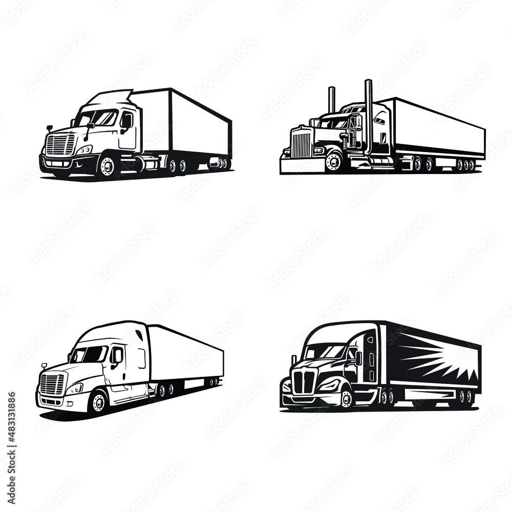 Semi truck 18 wheeler truck vector isolated bundle set in white ...