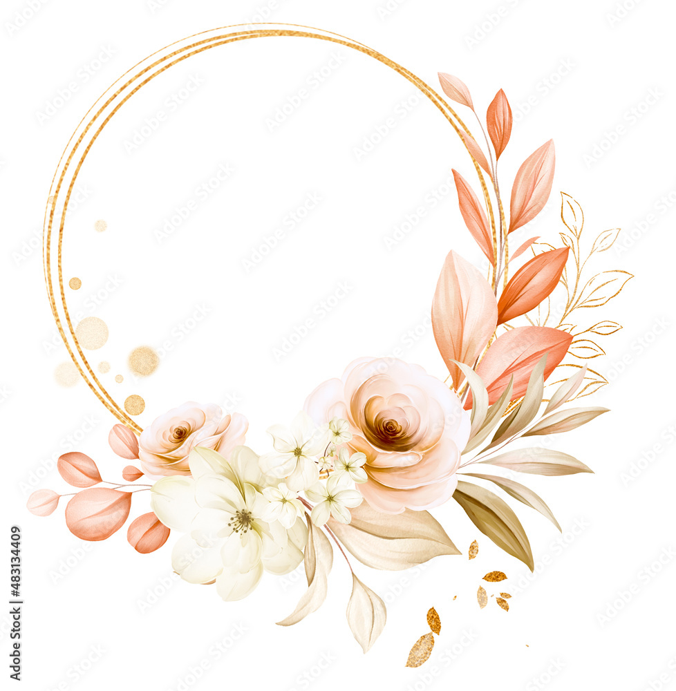 Golden Floral Frame of Soft Watercolor and Line Art Flowers Stock ...