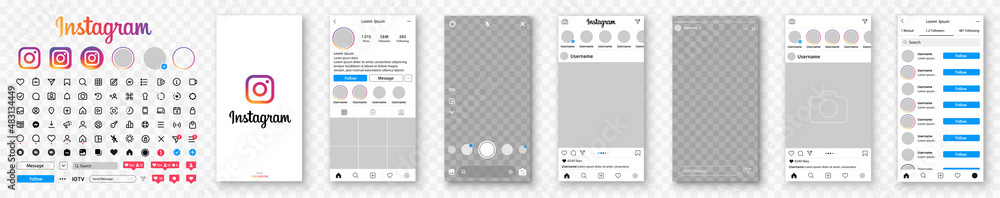 Instagram mockup set. Stories, liked, posts, photo, hashtag and ...