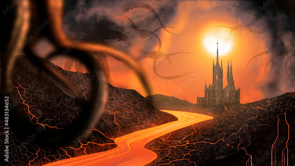 Doomsday scene with giant monsters, with cracked rocks from solidified ...