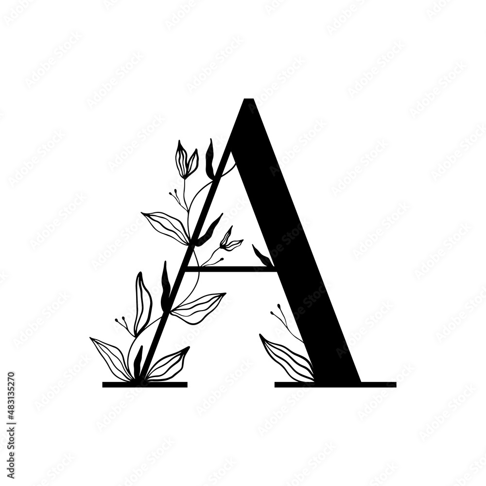 Floral botanical alphabet. Vintage hand drawn letter A. Letter with ...