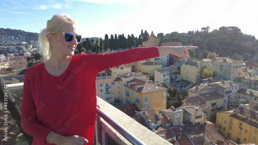 Girl showing Nice: French city skyline in Provence of France. Aerial ...