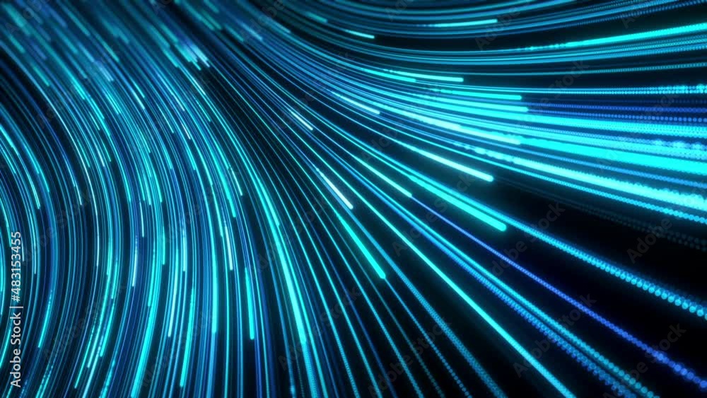 Fast glowing blue curved lines with light trails moving from left to ...