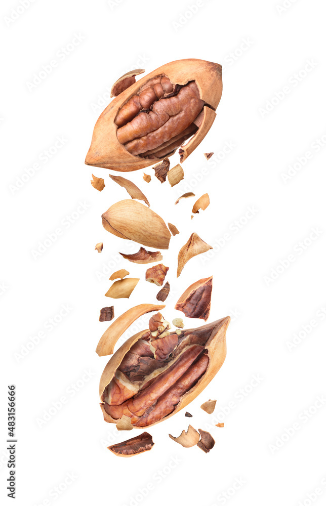 crushed pecan in the air on a white background Stock Photo | Adobe Stock