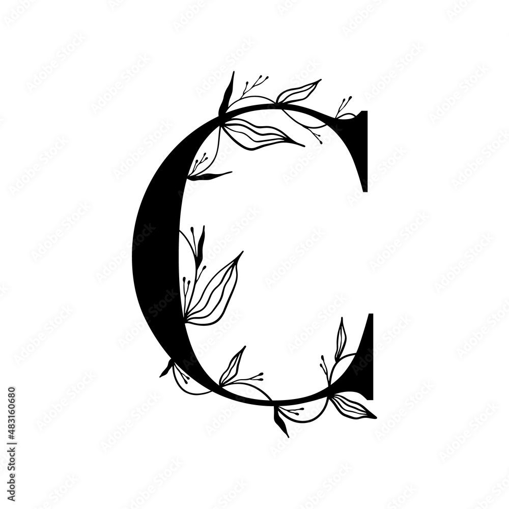 Floral botanical alphabet. Vintage hand drawn letter C. Letter with ...