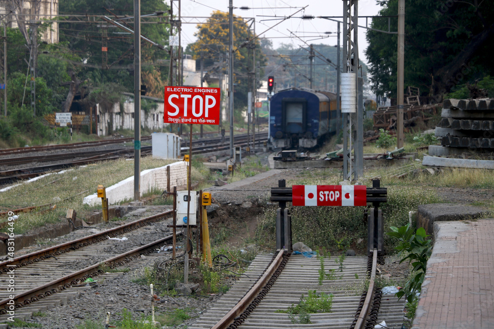 End of rail road near railways station india with background of train ...