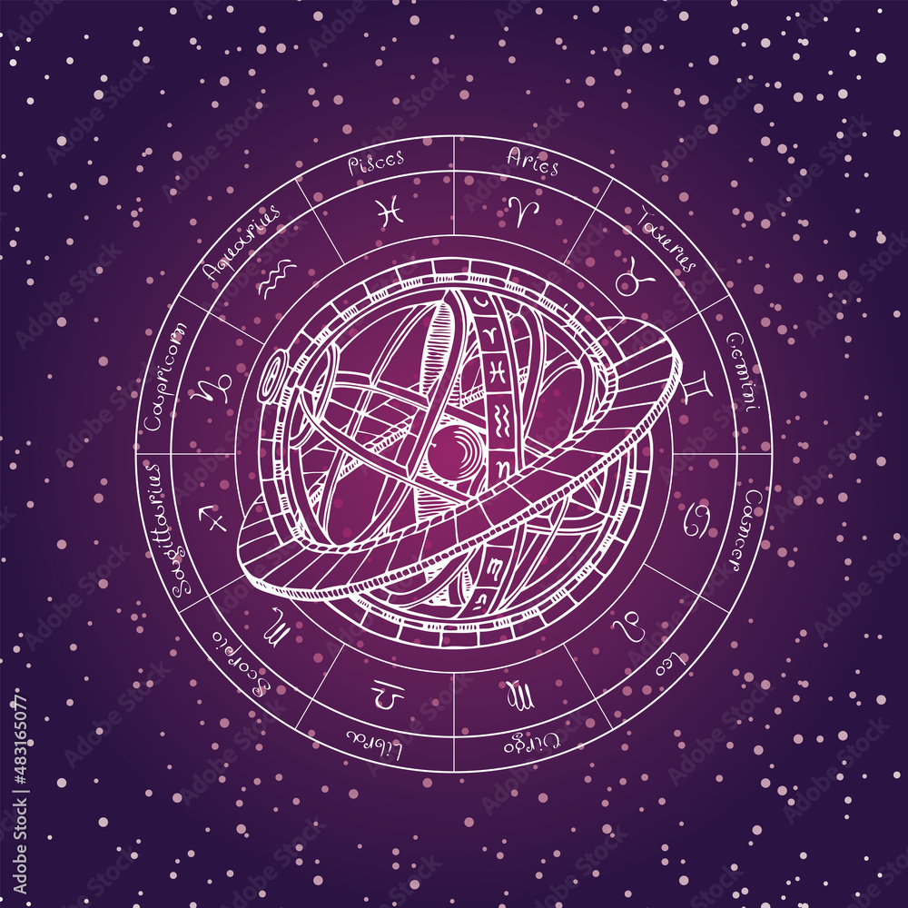 Vettoriale Stock Vector circle of the Zodiac signs with icons, names ...