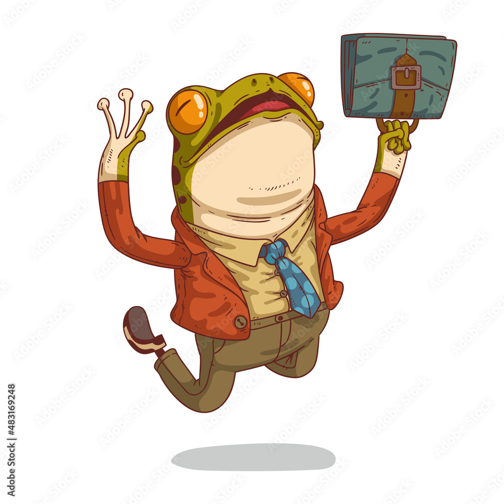 Office manager frog in a hurry, vector illustration. Humanized office ...