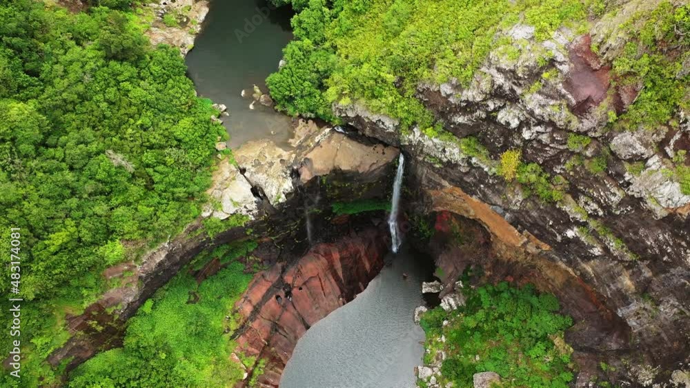 cascades of waterfalls Tamarin island of Mauritius. Aerial view. Seven ...
