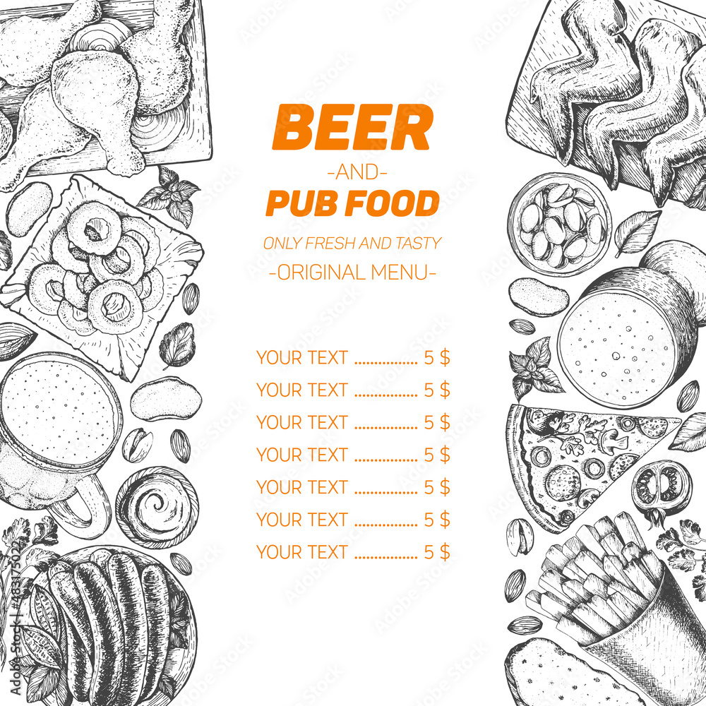 Pub food menu vector illustration. Beer, sausages, onion rings, chicken ...