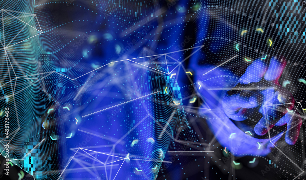 Global network. Blockchain. 3D illustration. Neural networks and ...