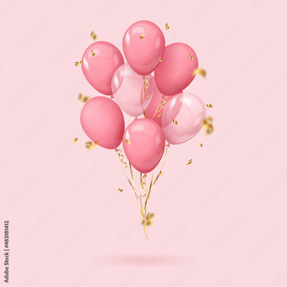 Bouquet, bunch of realistic pink balloons and gold ribbons, serpentine ...