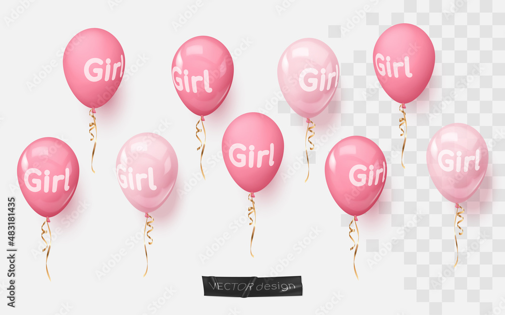 Set of realistic glossy, mats and transparent pink balloons with text ...