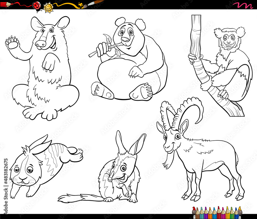cartoon animals characters set coloring book page Stock Vector | Adobe ...