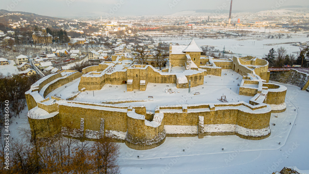 Birds eye view over the medieval stronghold of Suceava. Aerial ...