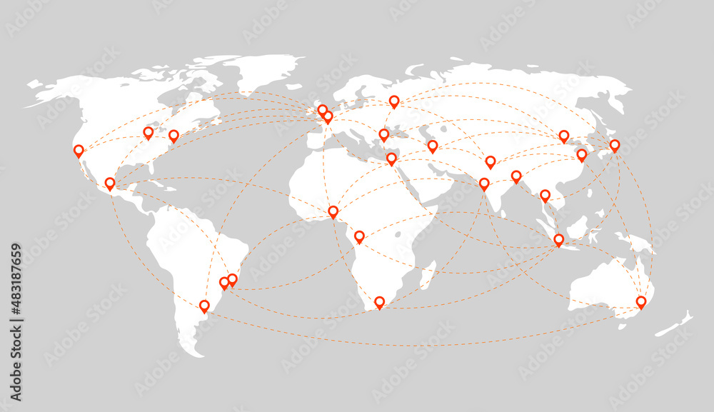 World map with continents, connection lines and location pointers ...