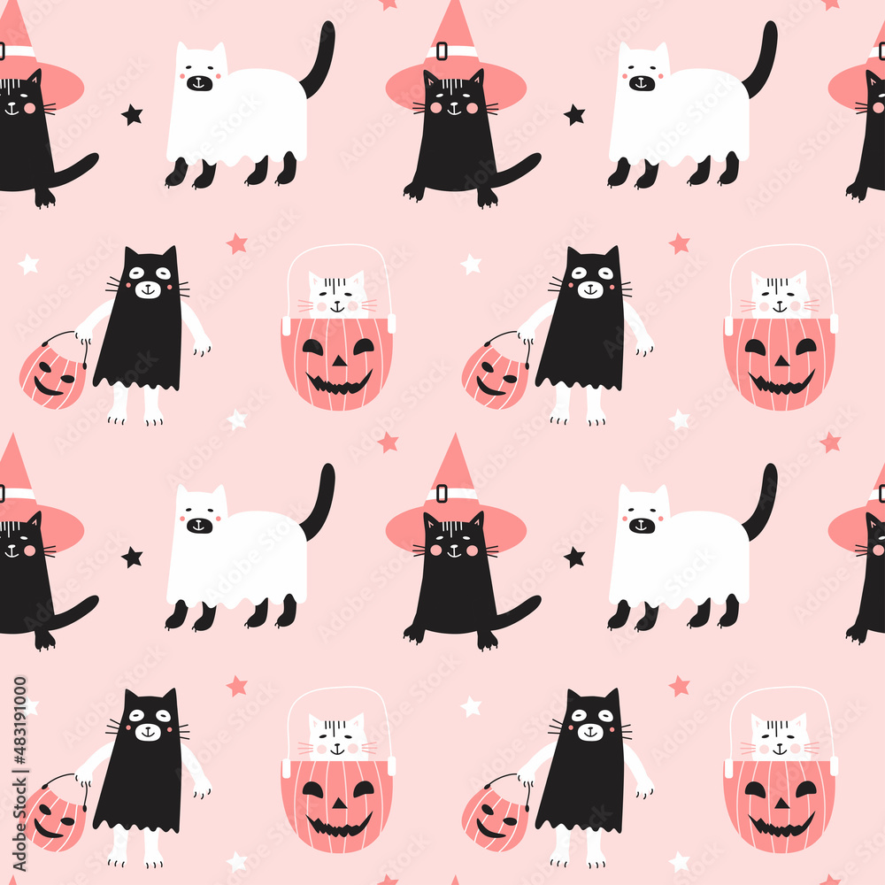 Seamless pattern with cute cats. Halloween design for fabric and paper ...