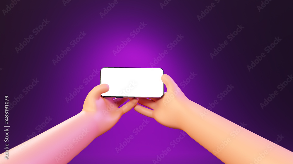 Cartoon character's hands holding smartphone with an empty screen ...