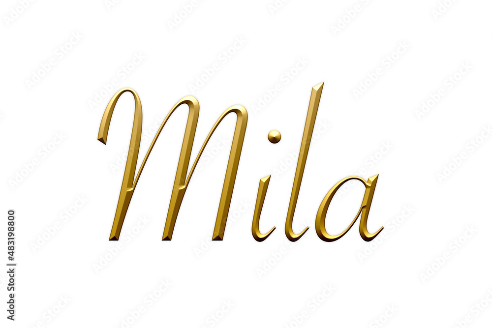 Mila - Female name . Gold 3D icon on white background. Decorative font ...