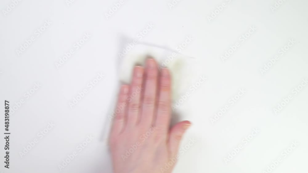 Flat lay cleaning office desk with detergent sprayer. washing table ...