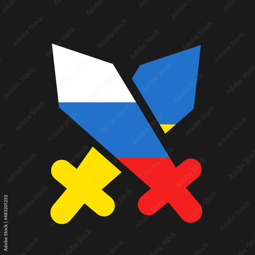 War, clash and conflict between Russia and Ukraine. Swords in colors of ...