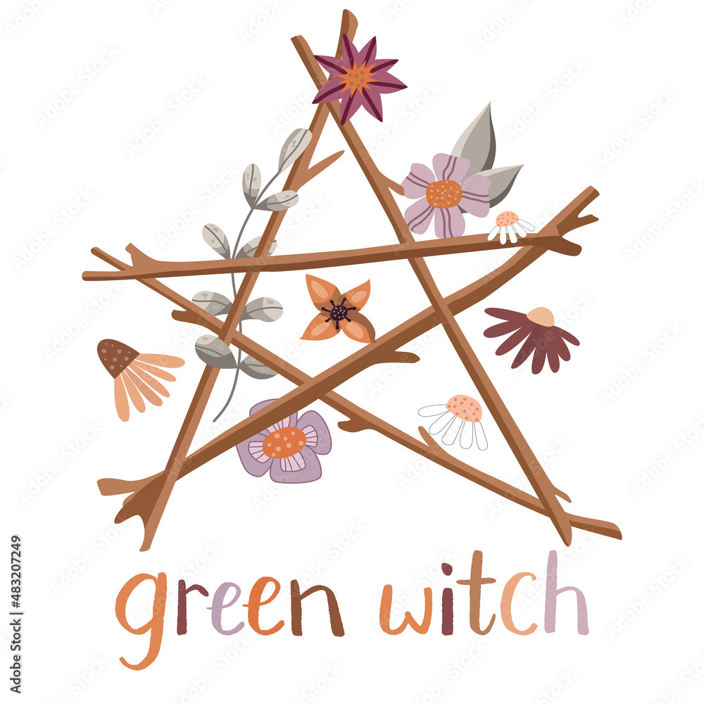 Floral wiccan pentacle with saying green witch. Pagan symbol made of ...