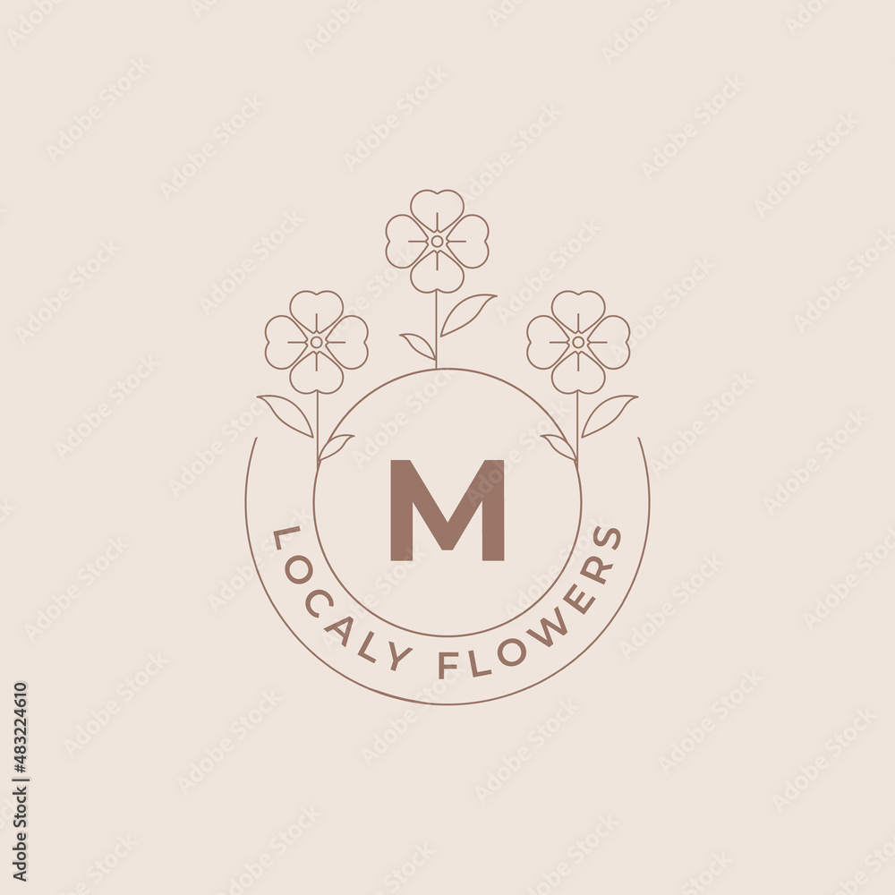 Letter M Flower Logos Emblem Design Template with Botanical Plants and ...