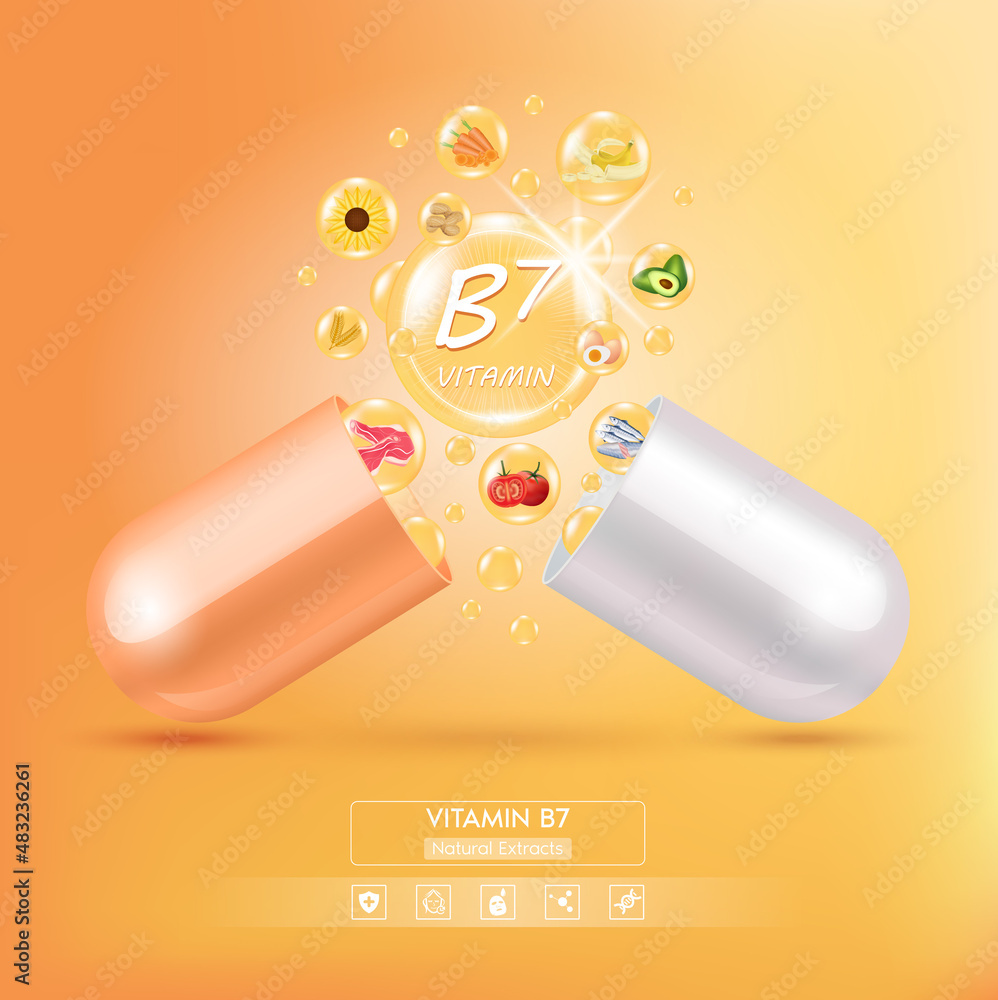 Orange vitamin B7 medicine capsule. Fruits and vegetables that ...