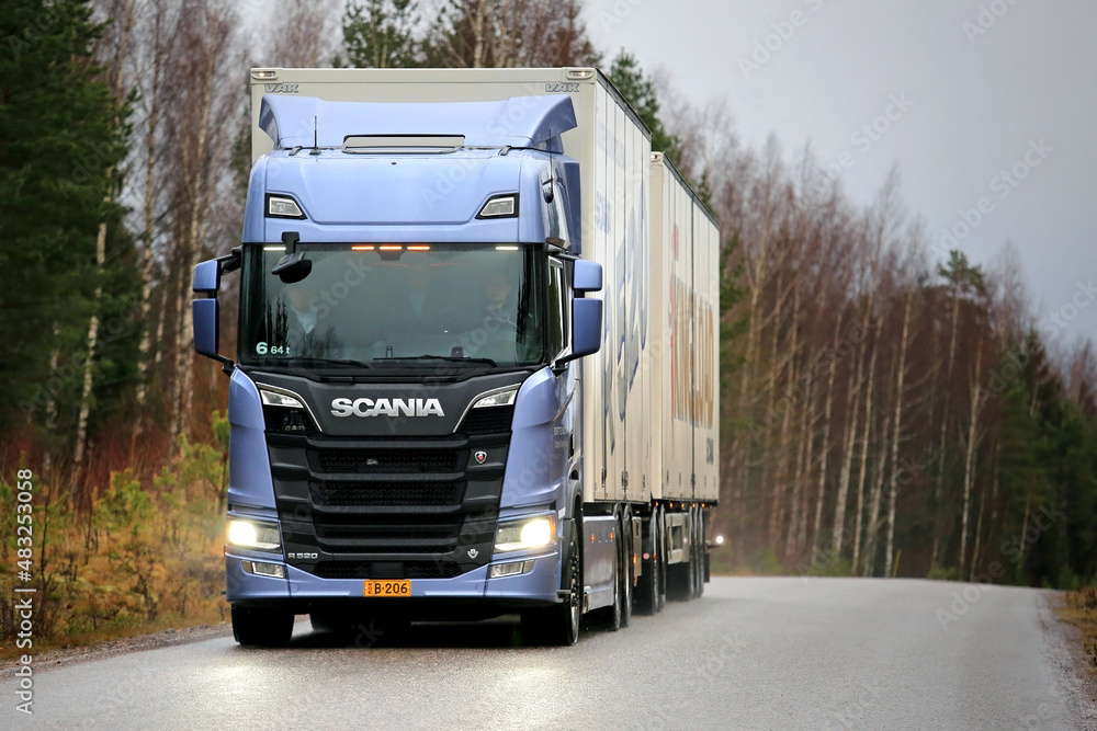 Next Generation Scania R520 Truck Pulls Trailer on Road on a Day of ...