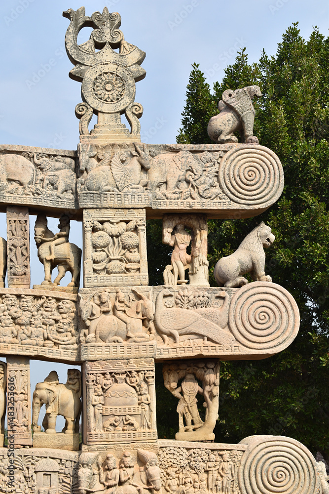 Stupa No 1, North Gateway. Rear view of Architraves, Right side Closeup ...
