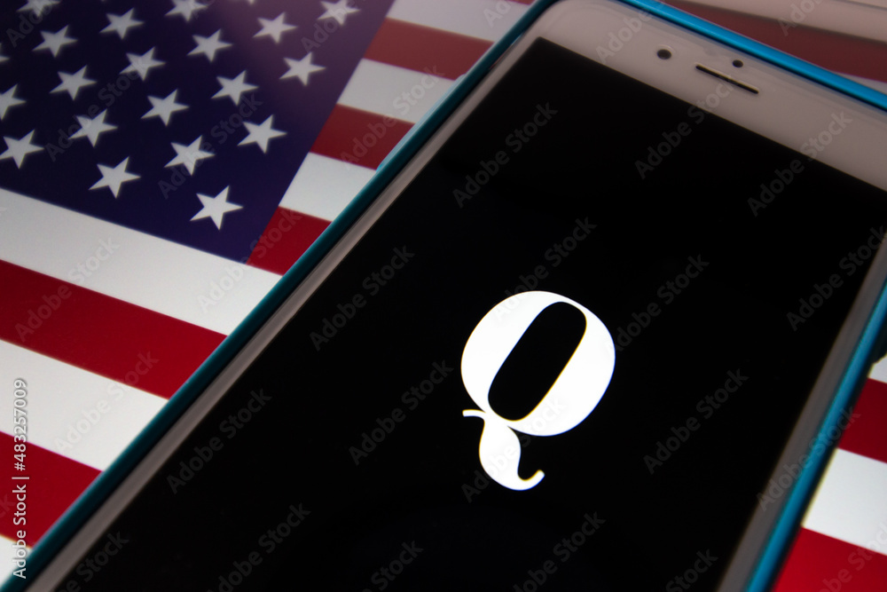 Kumamoto / JAPAN - Oct 20 2020 : The logo of Qanon, a far-right ...