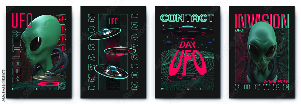 Modern collection of acid UFO posters in the style of Techno, Rave ...