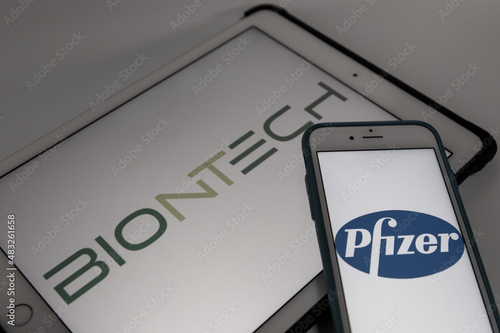 Kumamoto / JAPAN - Nov 11 2020 : Pfizer and BioNTech logos on iPhone ...
