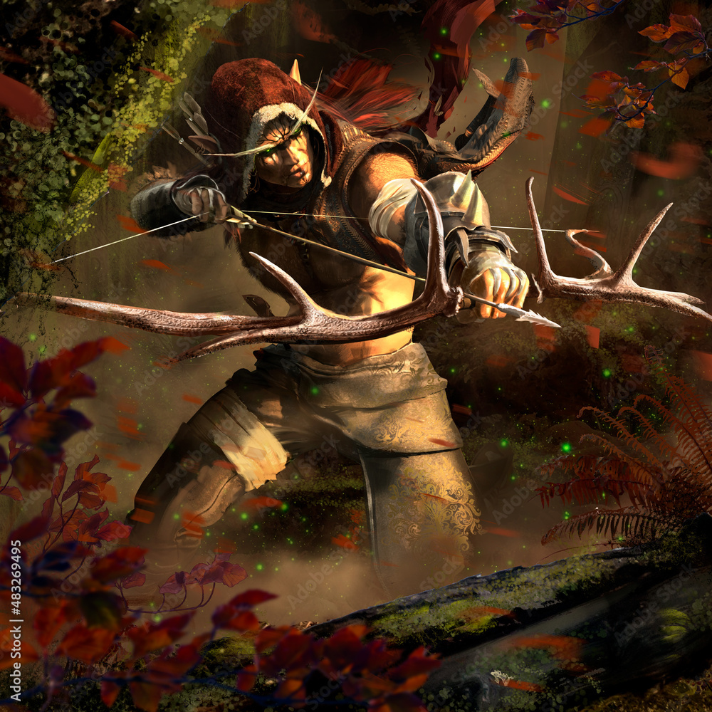 An evil brutal forest elf hunter with long eyebrows in a hood with ...