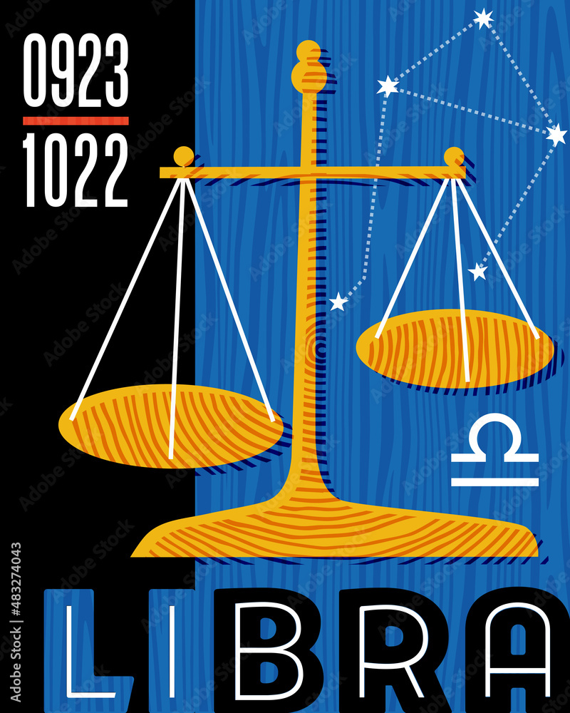 Zodiac sign Libra. Abstract design with balance scales, symbols and ...