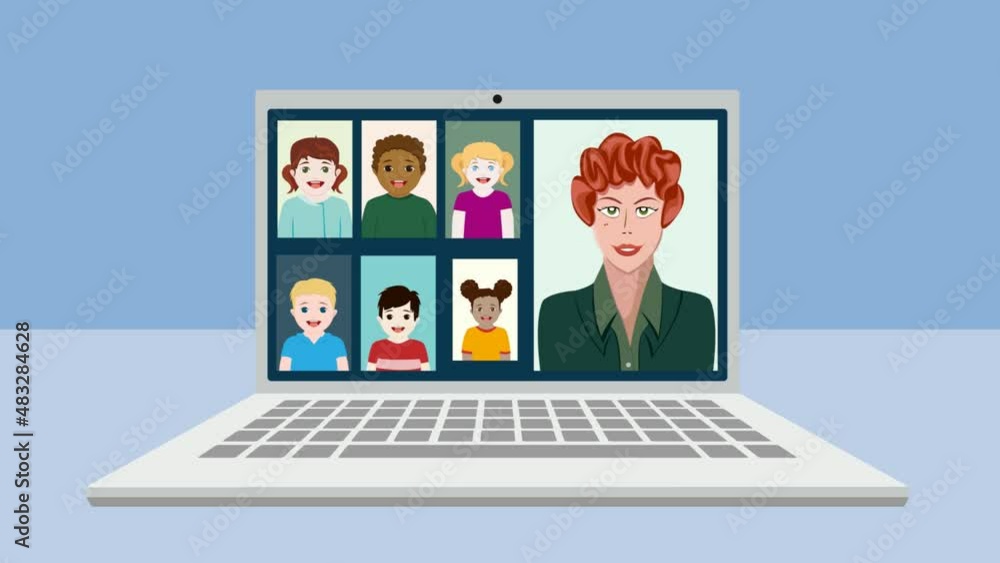 Home distance learning. Laptop with student portraits. Pupils listens ...