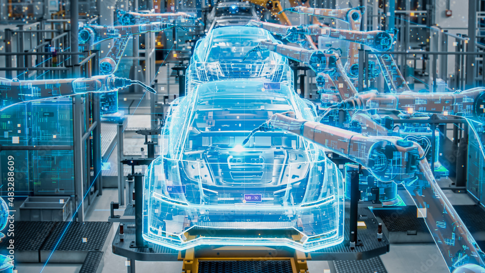 Front View Car Factory Digitalization: Automated Robot Arm Assembly ...