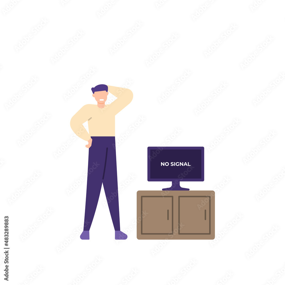illustration of a confused man because his television has no signal ...