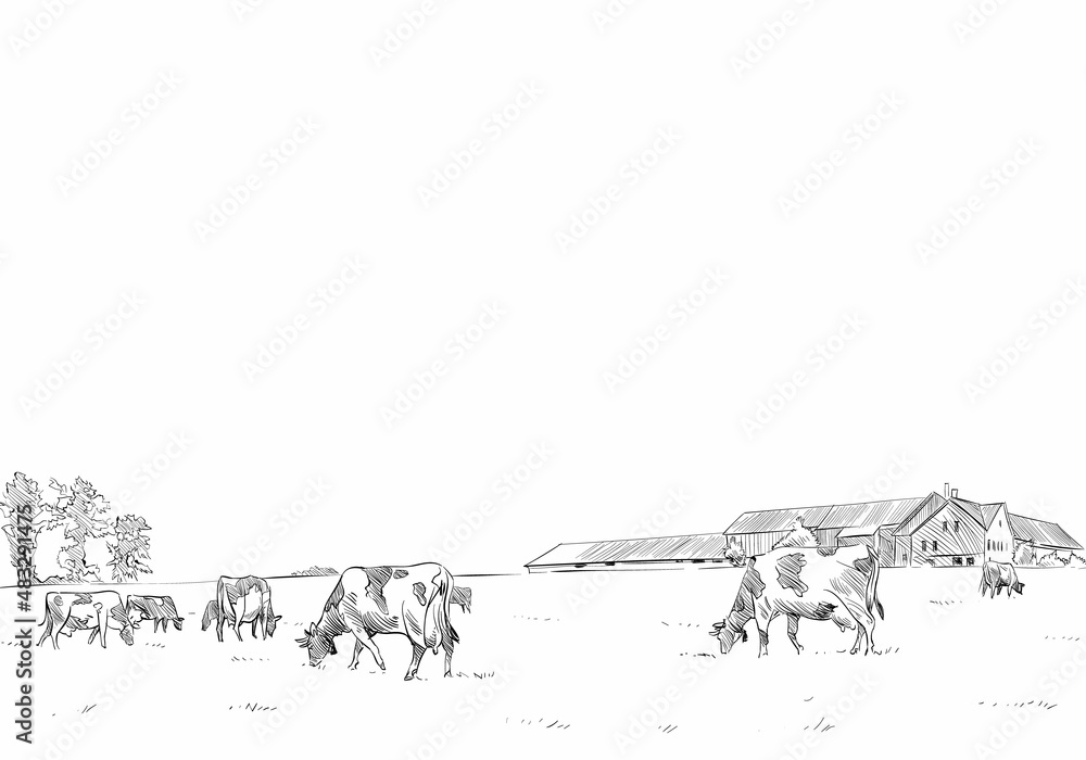 Farm sketch vector illustration.Hand drawn rural landscape. Stock ...