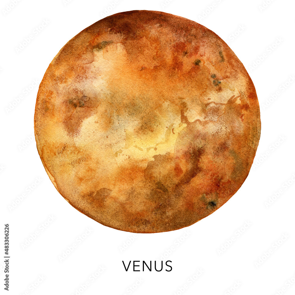Watercolor abstract Venus planet. Hand painted satellite isolated on ...