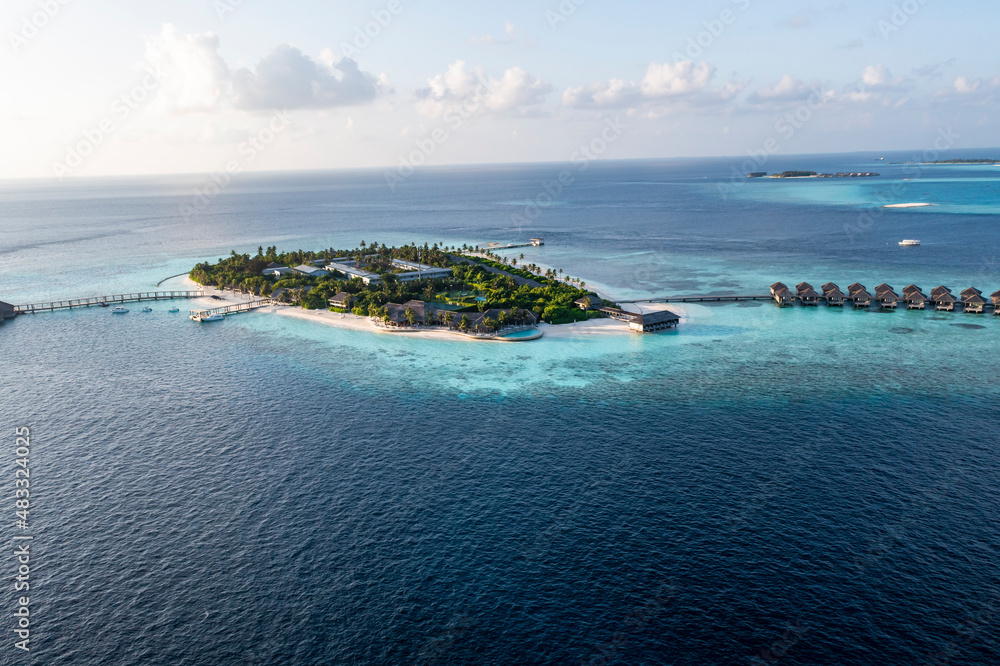 Aerial view, Asia, Indian Ocean, Maldives, Lhaviyani Atoll, Hurawalhi ...