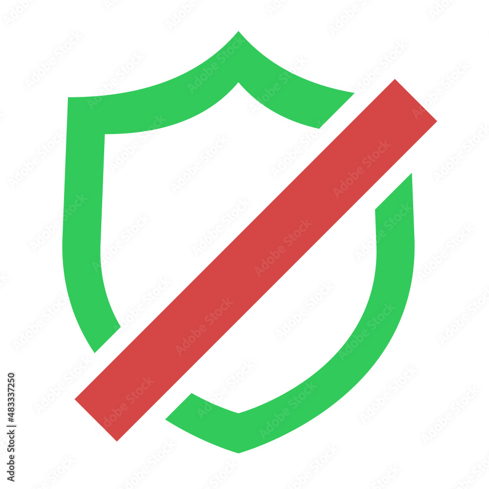 Symbol of the absence of protection represented by a crossed out shield ...