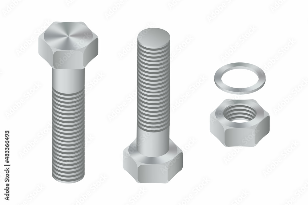 Isometric vector illustration steel bolt and hex nut isolated on white ...
